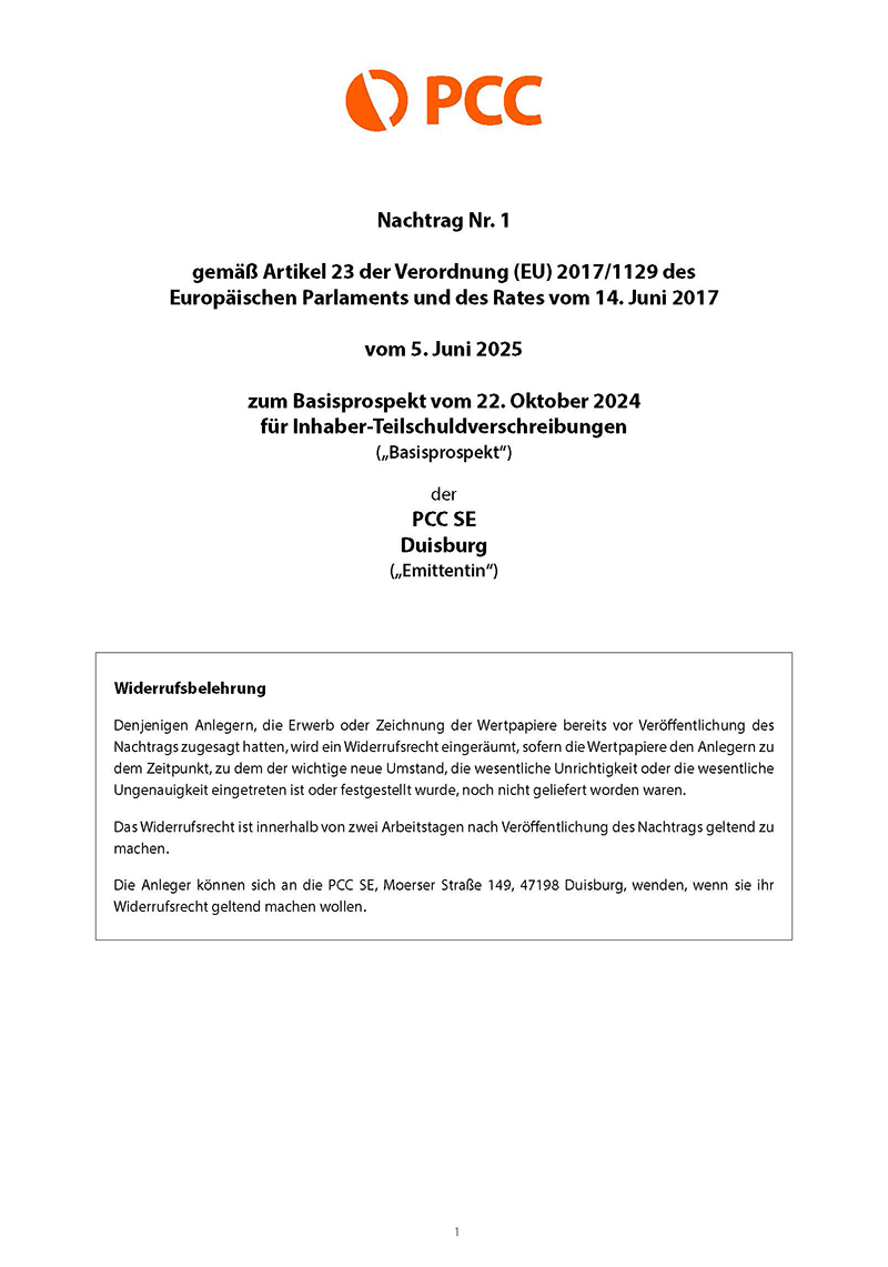 PCC Publishes Approved Supplement No. 1 to the Base Prospectus – PCC SE